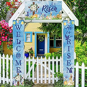 Easter He Is Risen Porch Banner 3 Pieces Welcome Religious Holiday Front Door Sign Christian Cross Resurrection Fence Banner Hanging Outdoor Banner for Home Birthday Garden Wall Party Decoration