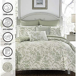 Laura Ashley Home - King Size Comforter Set, Reversible Cotton Bedding, Includes Matching Shams with Bonus Euro Shams & Throw Pillows (Natalie Sage/Off White, King)