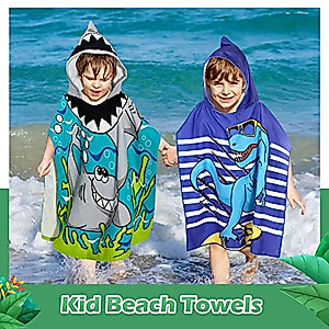 3 Pack Kids Hooded Towel 47 x 24 Inch Baby Beach Bath Towel for Girls Boys Thicker Toddler Swim Towels Ponchos with Hood Cotton Pool Bath Towels Poncho for 1-7 Years (Shark, Dinosaur)