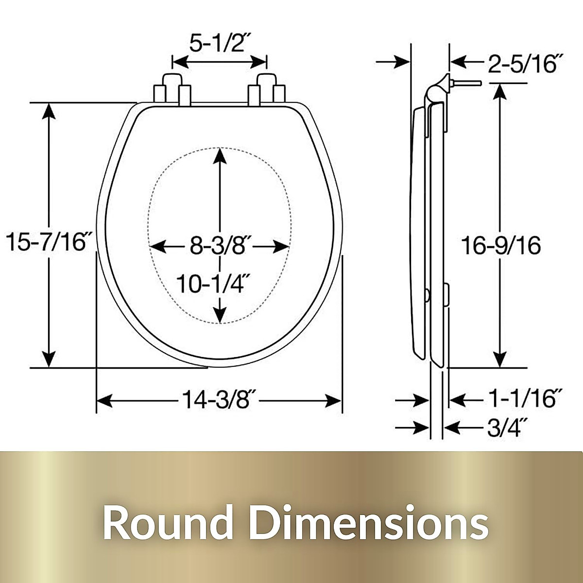 Mayfair 826BGSL 000 Benton Toilet Seat with Brushed Gold Hinges will Slow Close and Never Come Loose, ROUND, Durable Enameled Wood, White