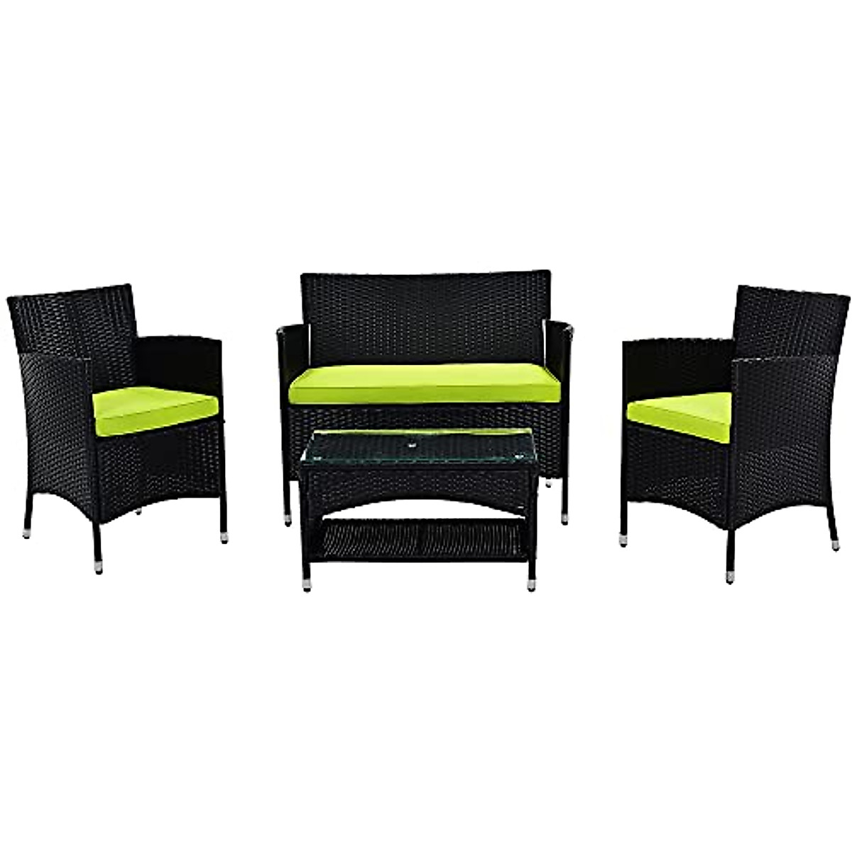 SAWQF 4PCS Patio Furniture Outdoor Garden Conversation Set Black Wicker 2 Armchairs+1 Double Sofa+1 Table w/Green Cushion