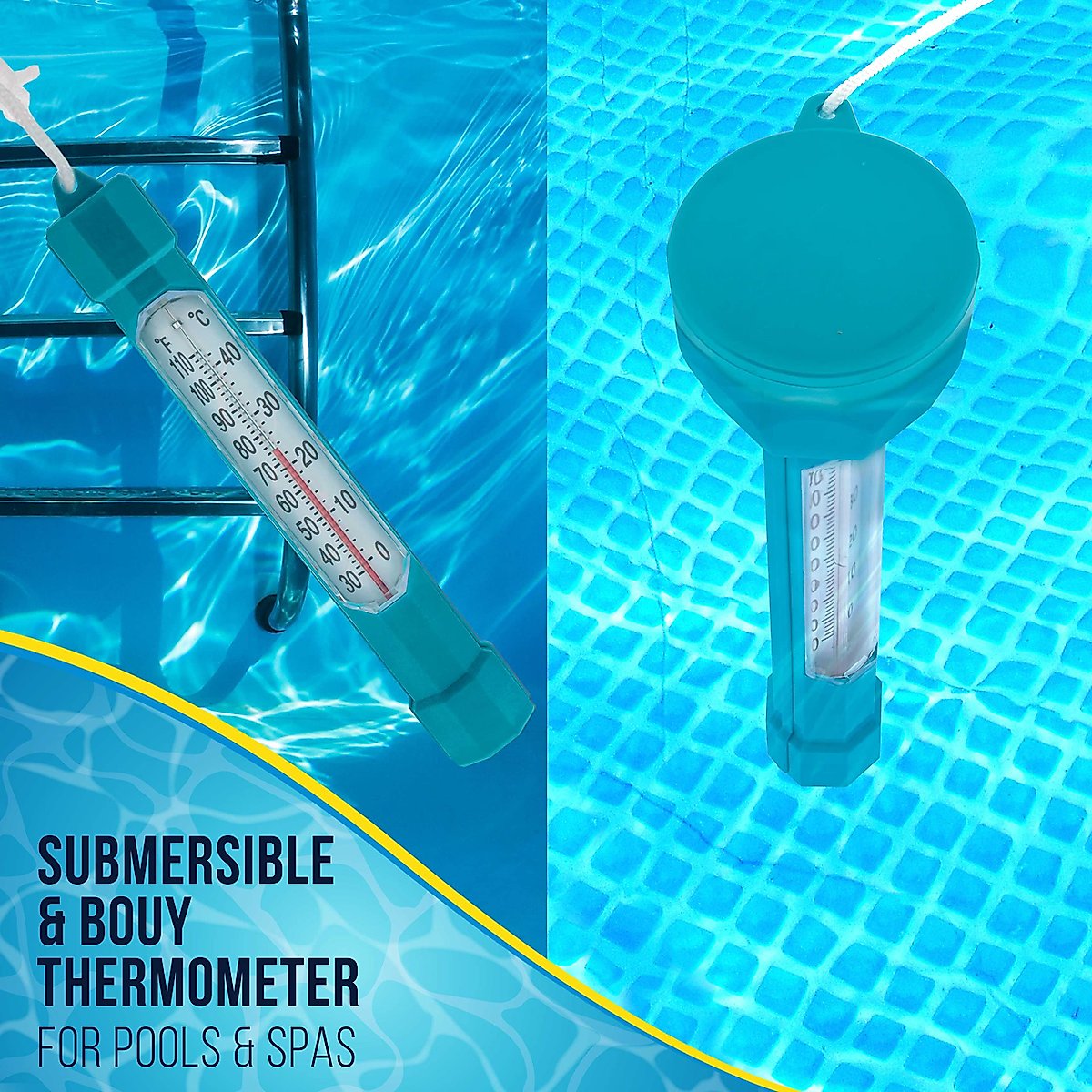 U.S. Pool Supply Floating Buoy Pool Thermometer with Jumbo Easy-to-Read Temperature Display, Teal Blue, Tether String - Measures Water Up to 110° F & 40° C - Swimming Pools, Spas, Hot Tubs, Ponds