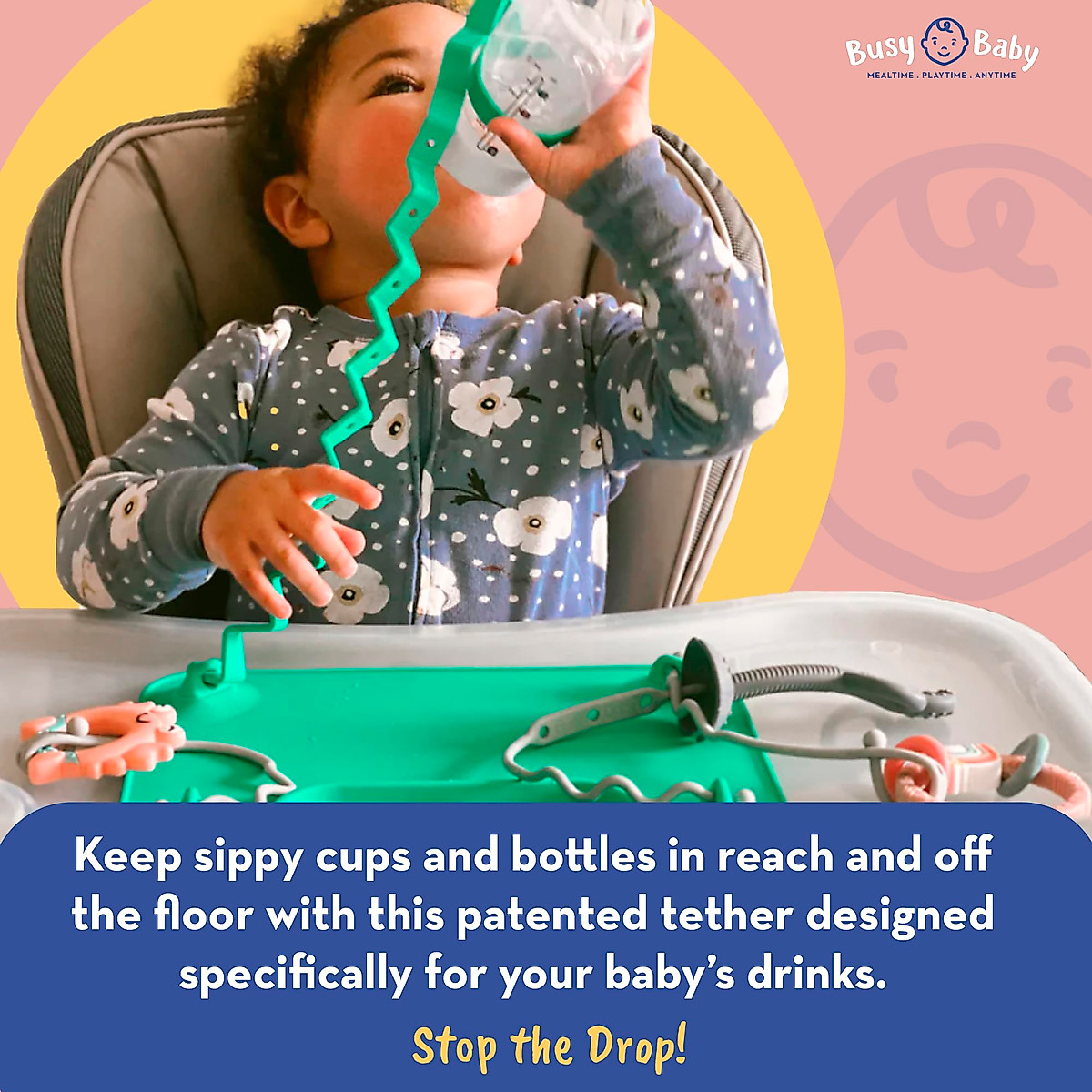 Busy Baby Bottle Bungee - Sippy Cup Strap - Keep Bottles and Sippy Cups Off The Floor - Great for Babies, Toddlers and Kids - Food Grade Silicone - Dishwasher Safe - Pewter
