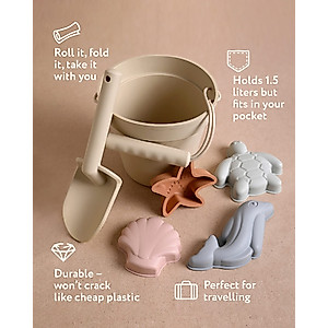 Silicone Beach Toys for Kids - Baby Sandbox Toys - Best Silicone Toddler Beach Toy Set for Travel -Won't Break Like Plastic Baby Beach Toys - Collapsible Beach Bucket, Shovel & Accessories