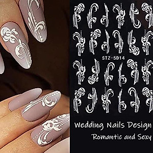 Flower Nail Art Stickers Decals, 8 Sheets 5D Engraved Flower Nail Decals White Wedding Nail Art Accessories French Tips Nail Designs Self Adhesive Lace Flower Carving Nail Stickers for Women Girls