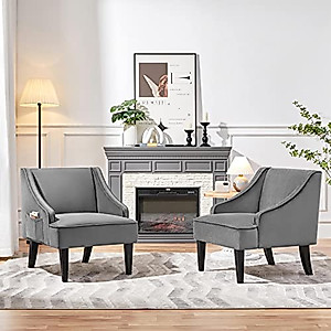 Yaheetech Accent Chair Modern, Velvet Armchair Lounge Chair with Rubberwood Legs and Side Pocket for Living Room Bedroom Lounge, Gray