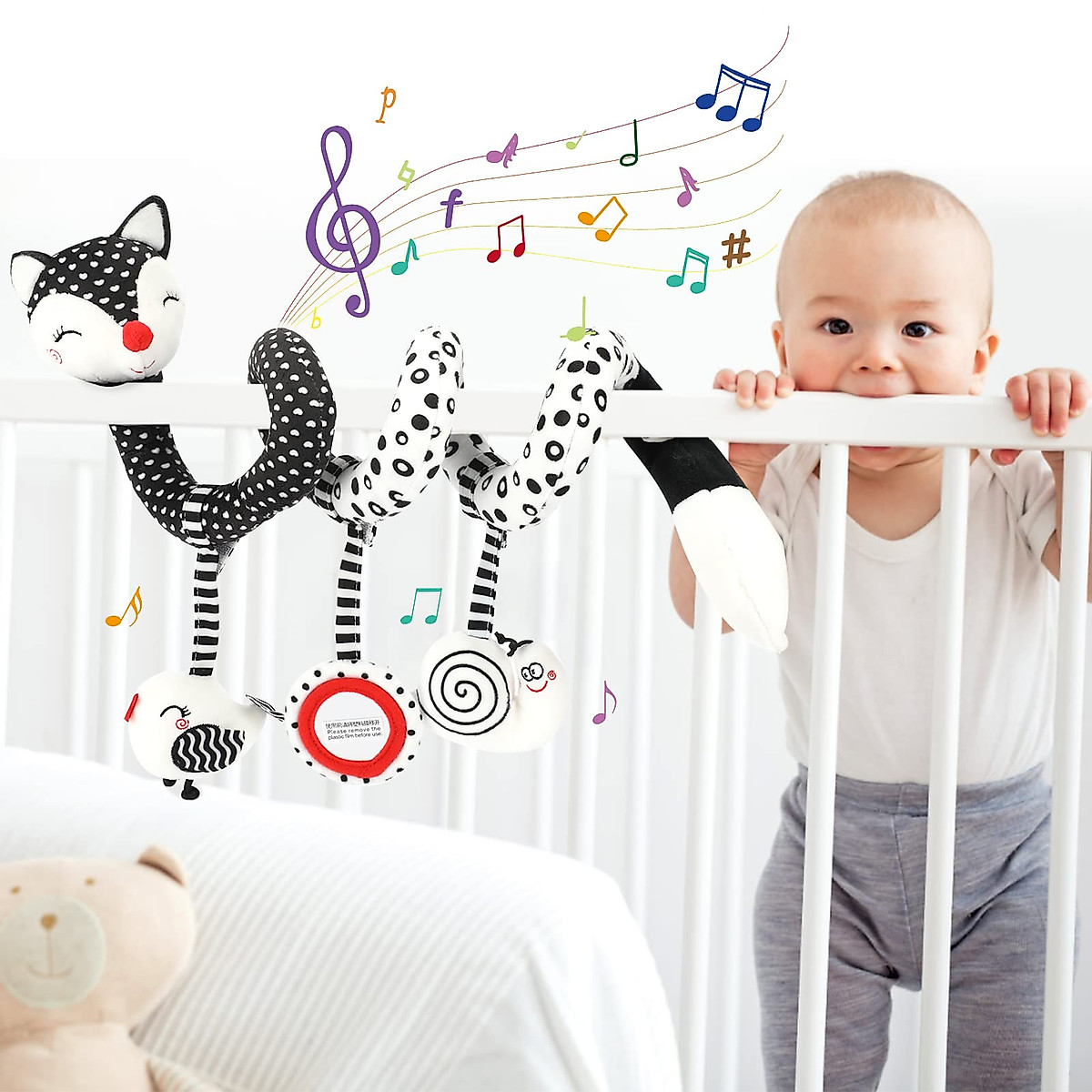 KKUYT Car Seat Toy for Baby, Infant Baby Spiral Plush Toys Stroller Toys Hanging Crib Activity Toy for Crib Bed Stroller Car Seat, Hanging Rattle Toy for 0-12 Months Newborn Baby-Black & White Fox