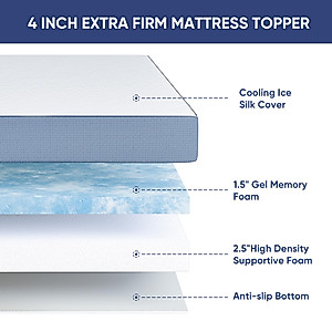 4 Inch Firm Mattress Topper Queen Size 60x80 Inch Extra Support, Gel-Infused High-Density Memory Foam Mattress Bed Topper for Pain Relief, CertiPUR-US Certified