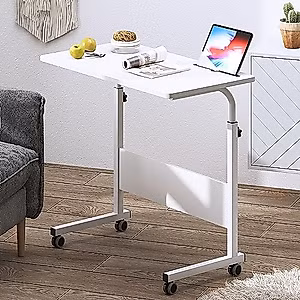 DlandHome Rolling Desk Adjustable Standing Desk, Mobile Side Table 31.4 Inches w/Wheels Adjustable C Table Movable Portable Laptop Computer Stand for Bed Sofa,White