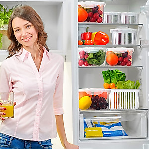 Rtteri 8 Pack Fruit Storage Containers for Fridge Produce Saver Containers for Refrigerator with Drain Colander Plastic Produce Keepers Refrigerator Organizer for Vegetable Berry Salad Lettuce (White)