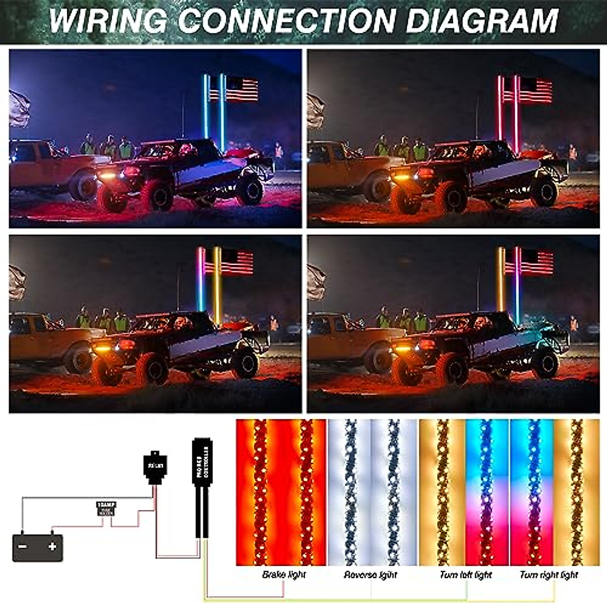 SUZCO 2PCS 2FT Heavy-Duty LED Chasings Spiral Whip Lights with IR&RF&APP, Pure White 6000K 138Leds Dancing Whip Light with Turn/Brake/Warning/Reverse Signal Fit for ATV UTV RZR Off-Road Truck Can-Am