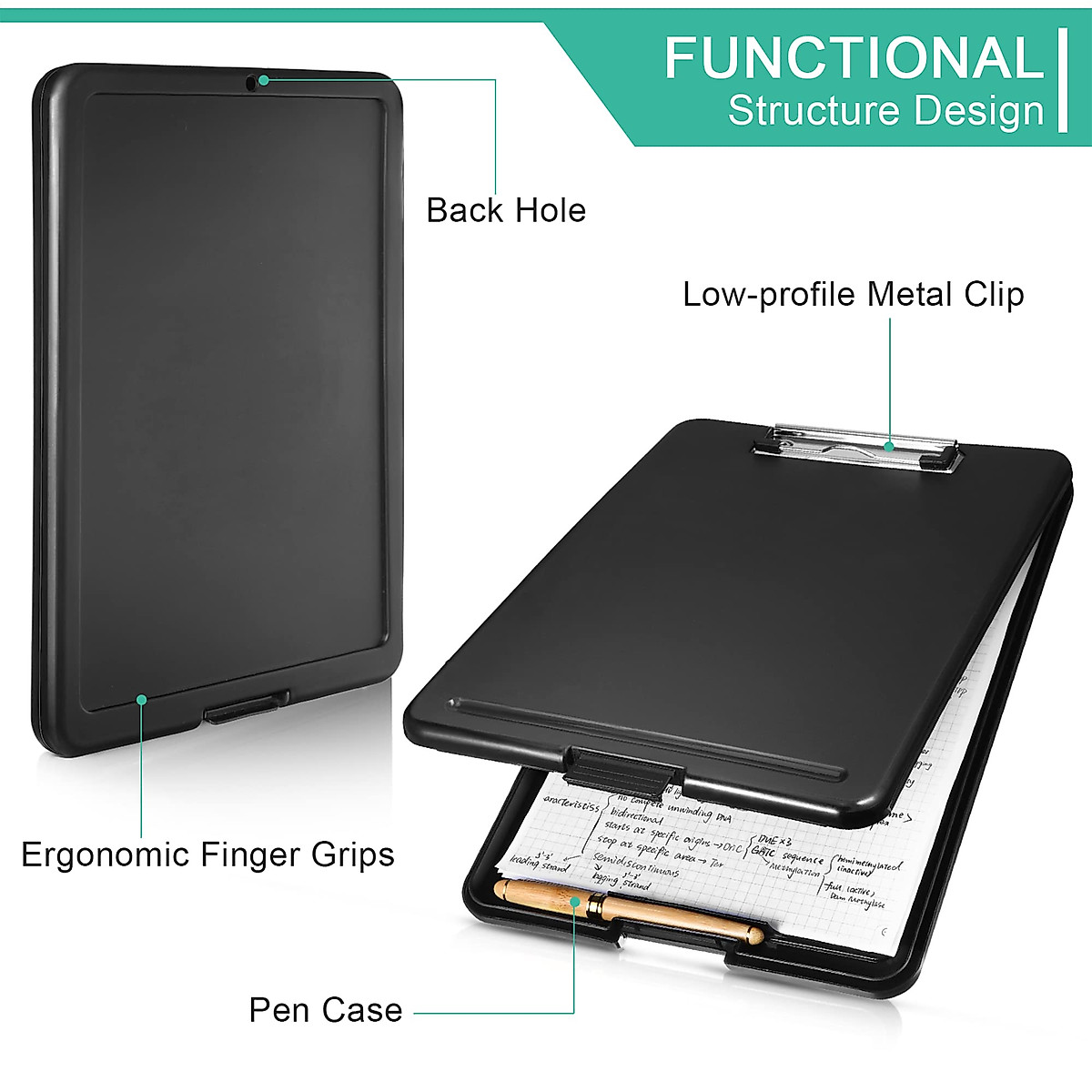 10 Pieces Clipboard with Storage Plastic Storage Clipboard Nursing Clip Board Foldable Clip Board with Low Profile Clip for Home Office School, Size 9.5 x 13.5 Inch (Black)