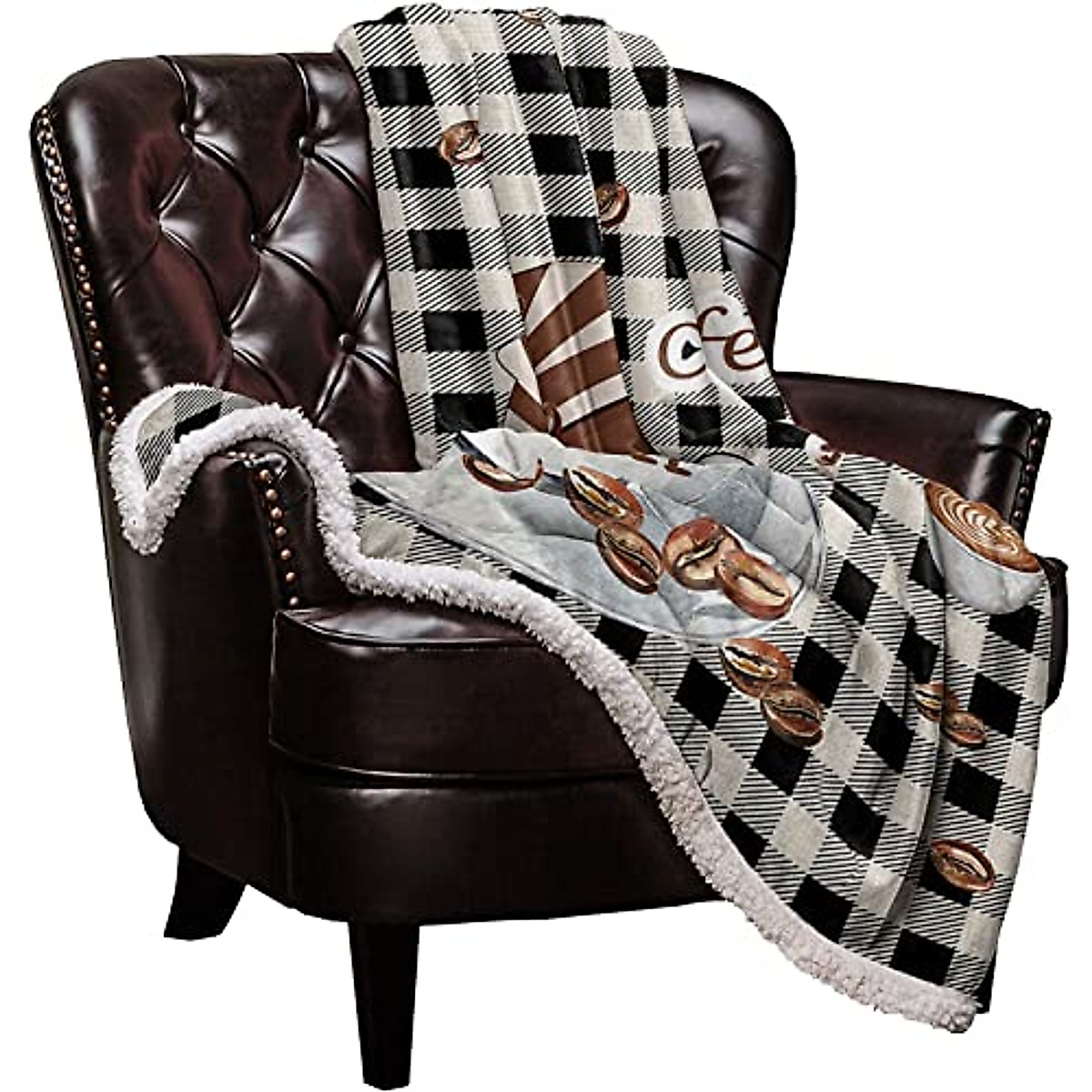 Sherpa Fleece Throw Blanket,Coffee Gnome Black Checker Retro Linen Soft Reversible Flannel Throws for Couch Sofa Bed,Dwarf Espresso Warm Cozy Blankets for Travel,Camping,Home Decor 40x50In