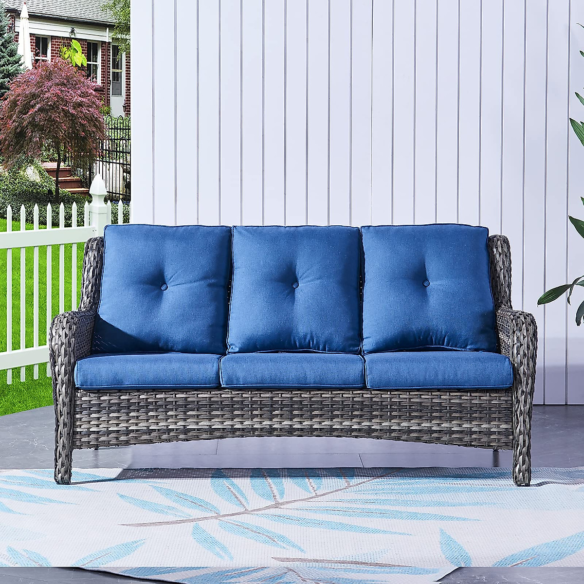 HUMMUH 3-Seat Outdoor Wicker Sofa PE Rattan Patio Couch with Cushions,Deep Seat High Curved Back Armset Patio Sofa
