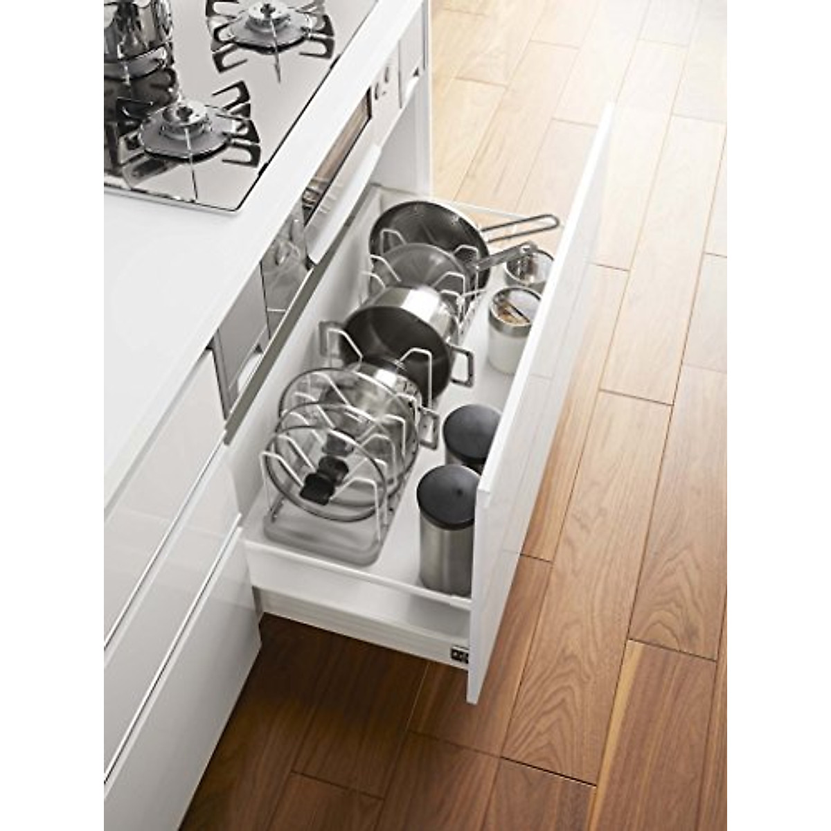 Yamazaki 3965 Under-Sink Extendable Pot Lid & Frying Pan Stand, White, Approx. W 17.7-32.3 x D 7.9 x H 6.9 inches (45-82 x 20 x 17.5 cm), Plate, Kitchen Storage, Handle Rest