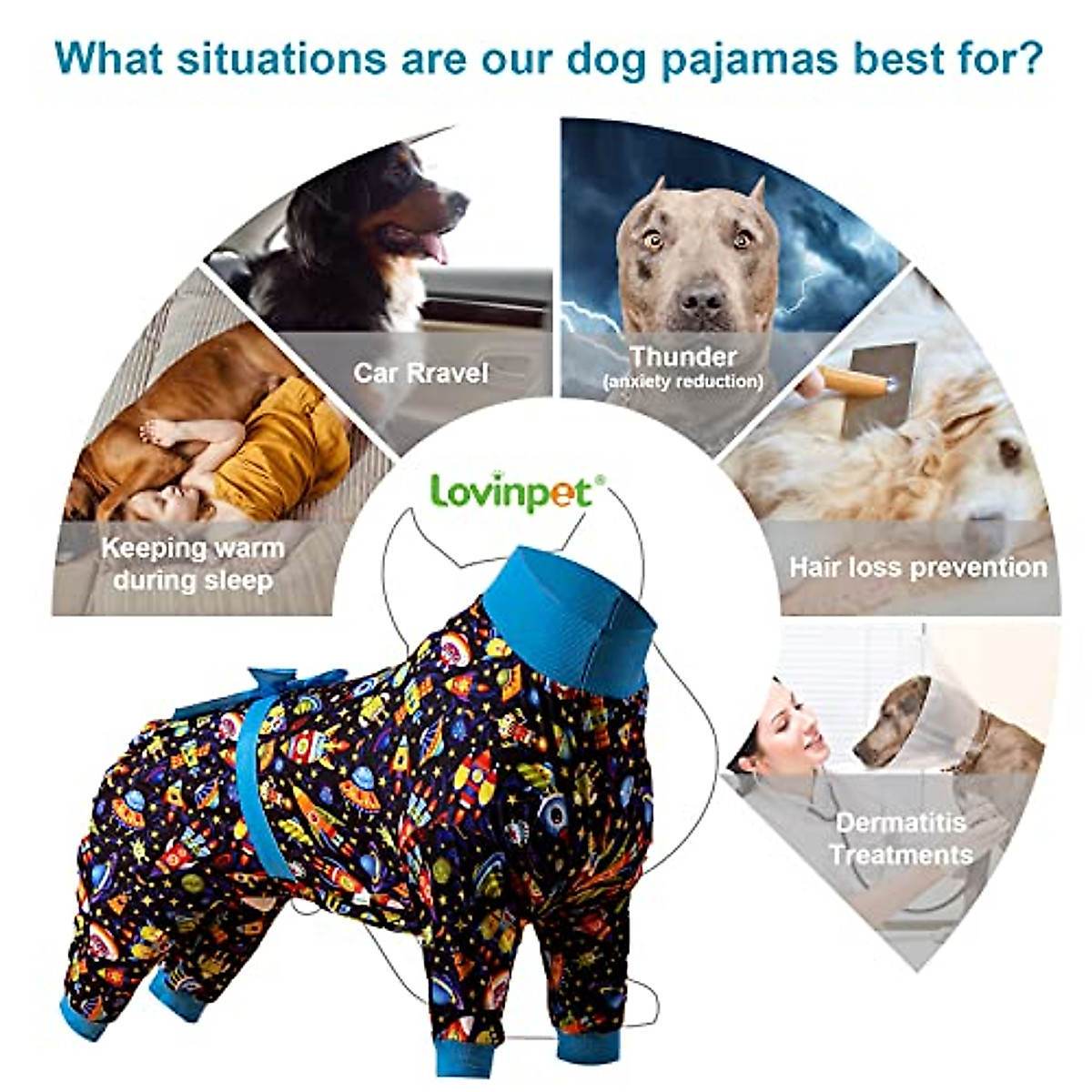 LovinPet Dog Clothes for Large Dogs - Large Dog Pajamas, Post Surgery Recovery Shirt, Stretchy Fabric Dog PJ's, Anti Licking, Easy to Wear Girl or Boy Dog Jammies,Black Blue XL