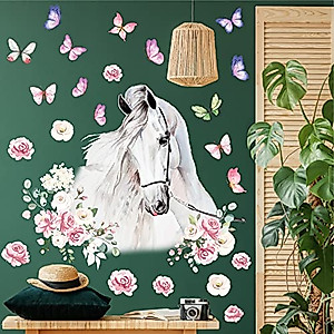 White Horses Wall Decals Farm Animal Decals Peel and Stick Wild Horse Wall Decor Butterfly Flowers Wall Stickers Horses Wall Art Mural for Living Room Kids Bedroom Nursery Farmhouse Office Decor Gift