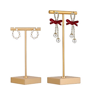 GemeShou 2pcs Metal T Bar Earring Stand Gold Single Earring Display T Stand for shows Jewelry Photography Props【Gold-Square Base 2pcs Height 4.3" and 5.1"】