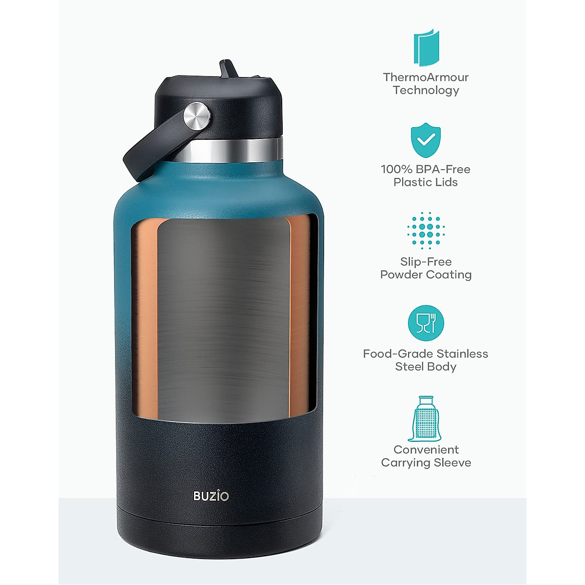 BUZIO 64oz Water Bottle Insulated, Half Gallon Stainless Steel Water Jug with Straw Lid and Carrying Pouch, Leak Proof Double Wall Thermo Water Flask Metal Canteen for Gym Sport Camping, Indigo Crush