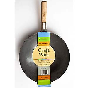 Craft Wok Traditional Hand Hammered Carbon Steel Pow Wok with Wooden and Steel Helper Handle (14 Inch, Round Bottom) / 731W88