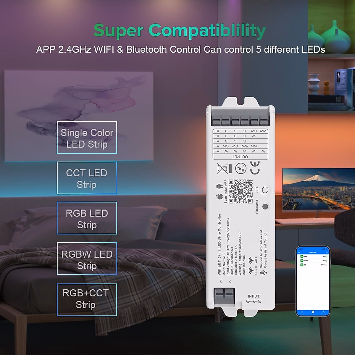 BTF-LIGHTING 5in1 WB5 2.4GHz WiFi LED Controller Compatible with Alexa Google Home Smart Life Tuya Smart APP Control for Monochrome CCT RGB RGBW RGBCCT LED Strip Match with B1 B2 B3 B4 etc Remote