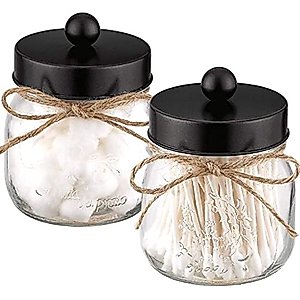 Mason Jar Bathroom Accessories Set, Glass Qtip Holder Dispenser for Cotton Swabs with Black Stainless Steel Lid, Rustic Mason Jar Cotton Ball/Swabs/Rounds Holder Farmhouse (Black, 2-Pack)