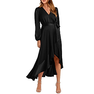 PRETTYGARDEN Women's Satin Fall Dress Semi Formal Satin Long Sleeve Wrap V Neck Ruffle Belted A-Line Flowy Maxi Dresses (Black,Small)