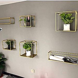 PIBM Stylish Simplicity Shelf Wall Mounted Floating Rack Shelves Iron Art Display Stand Bookshelf Cd Storage Simple Background Wall Living Room,4 Sizes, Gold , 35X25X35cm