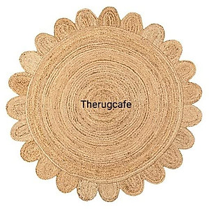 4x4, 5x5, 6x6, Natural Jute Scallop Round Rug, Floor Natural Scalloped Edge Rug Braided Boho Eco Large Circular Handmade Area Rugs (4x4 Ft Round Rug)