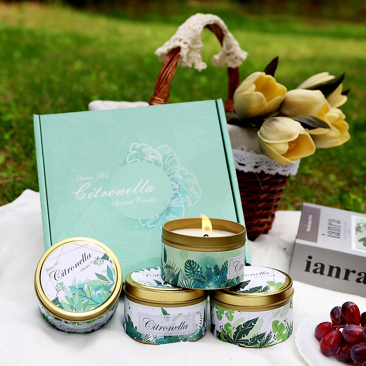 Scented Candle Set 4 Pack Citronella Candles Outdoor, 32 Oz Long Lasting Soy Wax Citronella Candles Set, Large Tin Candles with Fresh Citronella Oil for Camping Garden Patio Yard Balcony Party Indoor