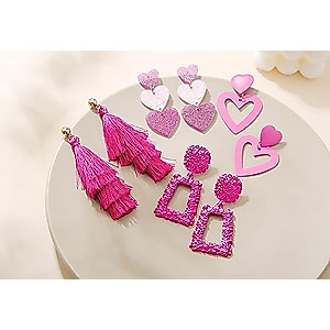LINONKEY 4 Pcs Barbie Pink Heart Earrings Set Hot Pink Earrings for Women Lover Earrings Pink Heart Dangle Earrings Tassel Earrings for Women Lightweight Barbie Earrings for Women (4 pcs)