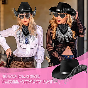 Leumoi 3 Pcs Rhinestone Cowgirl Hat with Fringe Rhinestone Bandana and Heart Sunglasses Bling Diamond Fringe Cowboy Hat (Black)