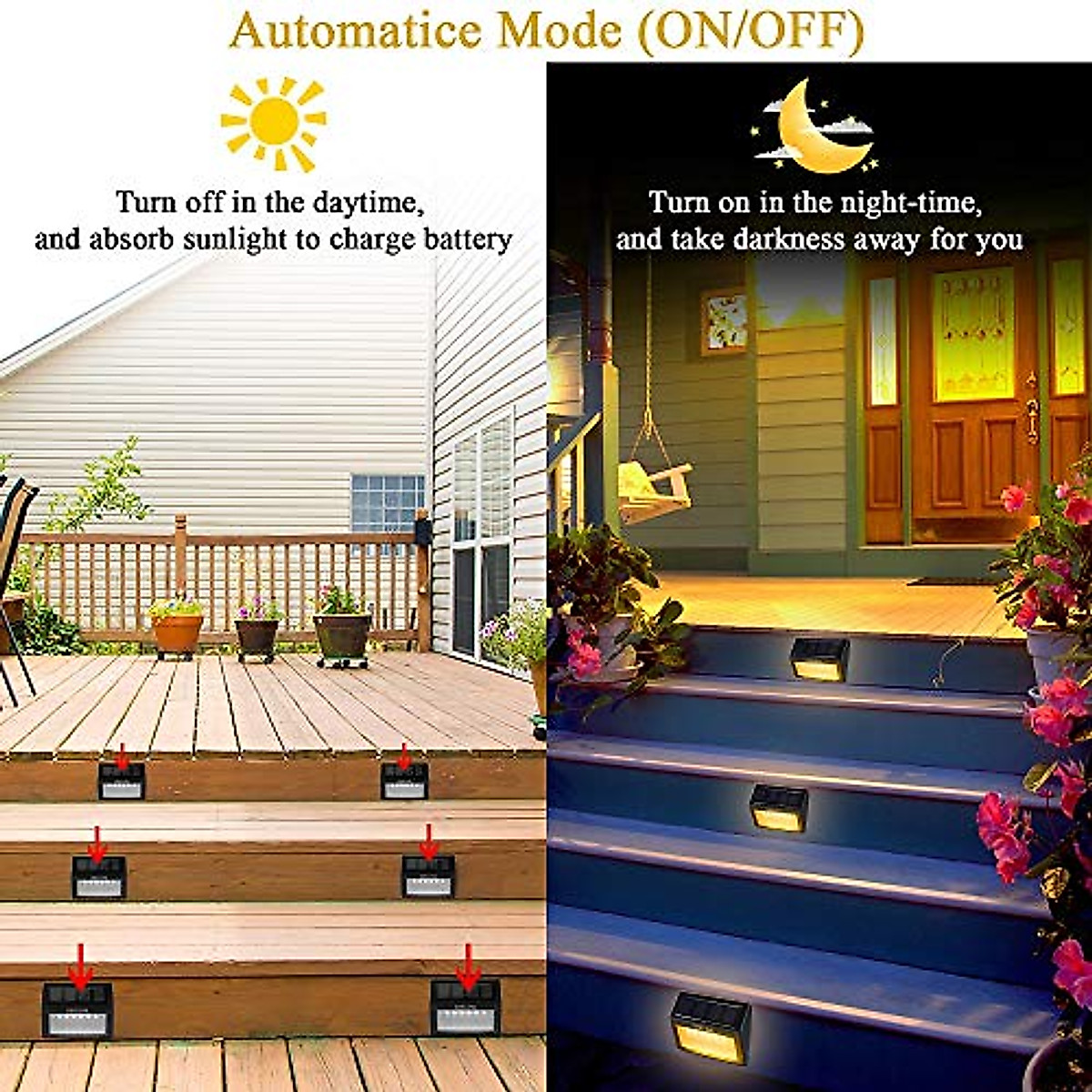 DHELINK 2 Pack Outdoor Solar Deck Lights, 6 LED Solar Step Lights Outdoor Waterproof Warm White Auto On/Off Solar Powered Stair Lights Lighting for Fence Yard Patio Garden Pathway Walkway