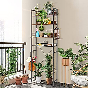 Devo Over The Toilet Storage, 4-Tier Bathroom Organizer, Wooden Bathroom Storage Shelf, with 8 Hooks and Toilet Paper Hook for Laundry, Balcony, Porch, Kitchen (Rustic Brown 2)