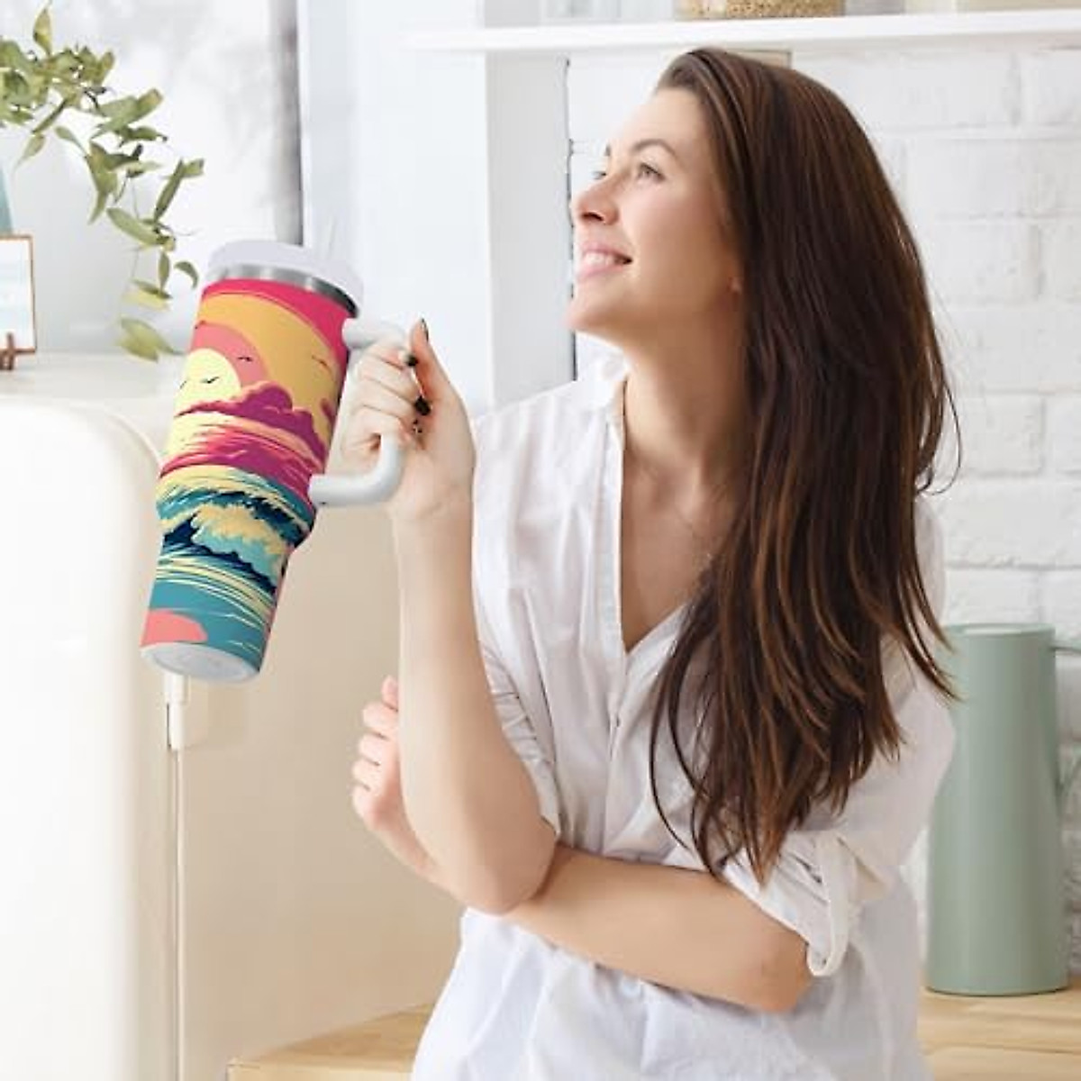 PaChyLuu 30 oz Insulated Tumbler with Handle and Straw Lid, Sunset Beach Lighthouse Leak-Proof Stainless Steel Travel Coffee Mug for Car Cup Holder