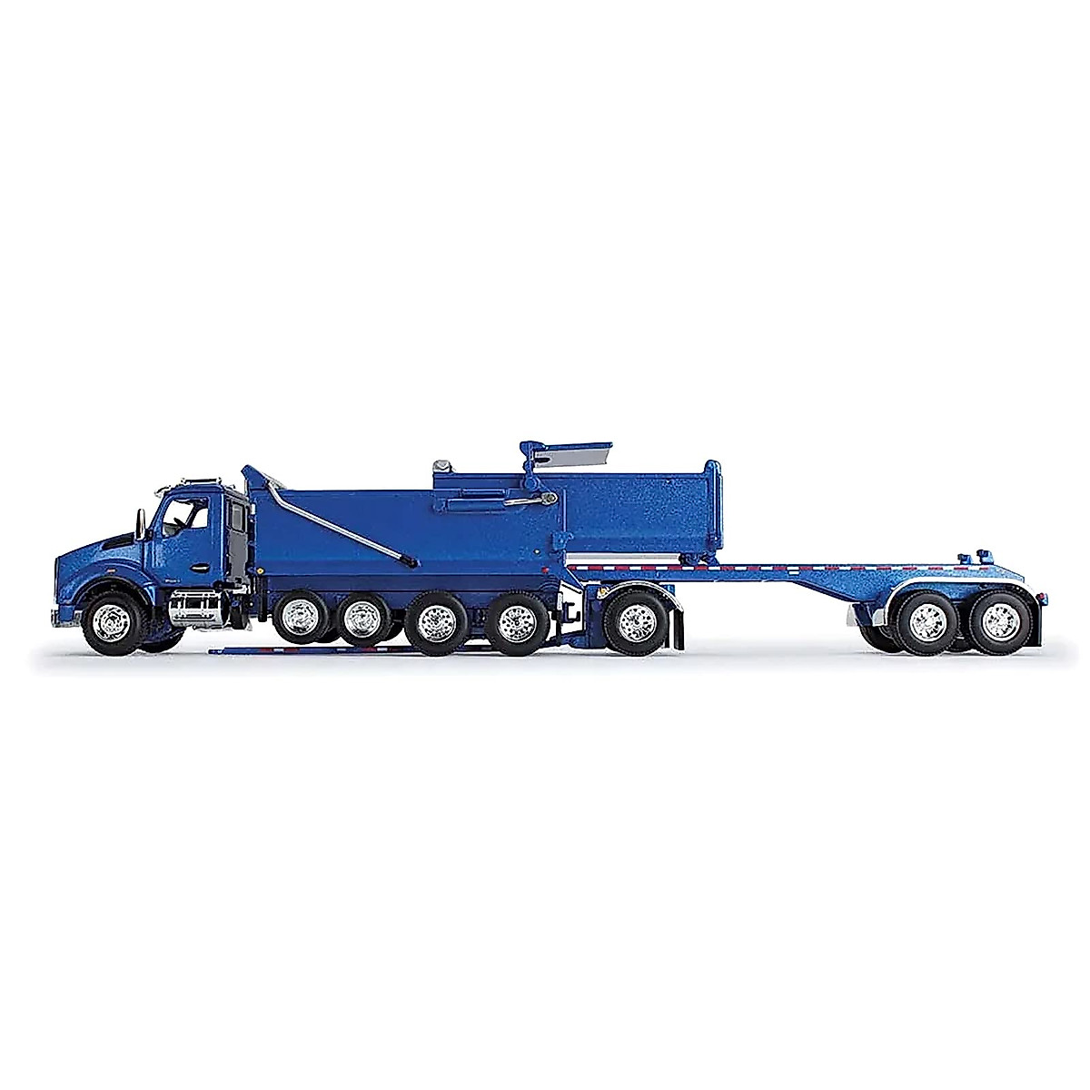 Kenworth T880 Quad-Axle Dump Truck and Rogue Transfer Tandem-Axle Dump Trailer Surf Blue Metallic 1/64 Diecast Model by DCP/First Gear 60-1277