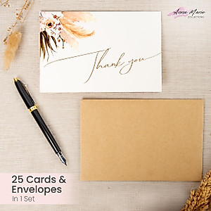 Anna Marie Collections 25 Pack Boho Thank You Cards with Envelopes Pampas Grass and Floral Design - Wedding, Bridal Shower, Baby Shower, Graduation, Baptism Cards - Blank Greeting Cards