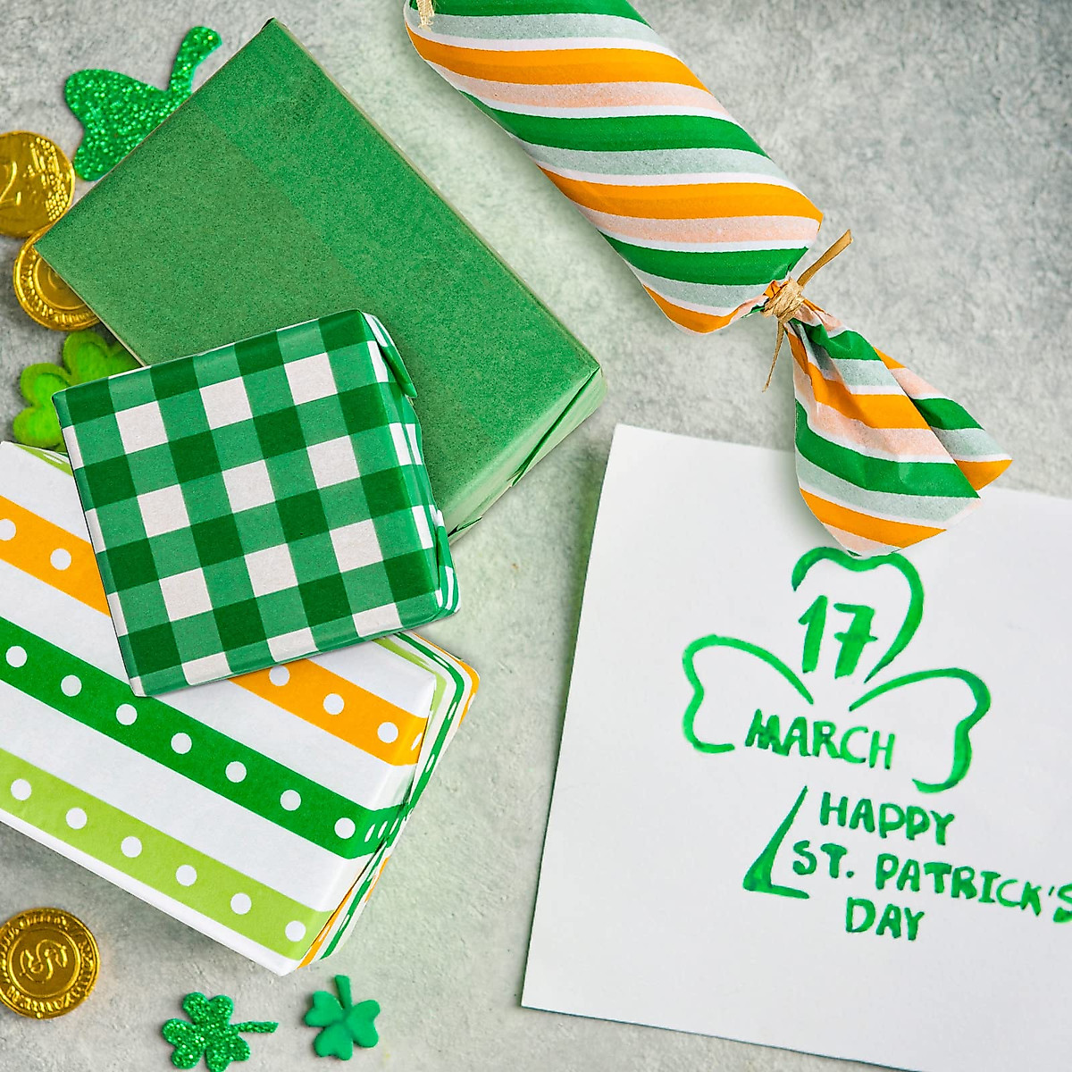 Whaline 90 Sheet St. Patrick's Day Tissue Paper Shamrock Green Orange White Stripe Plaids Art Tissue Paper 6 Design Irish Spring Holiday Wrapping Paper for Gift Packing DIY Crafts, 13.8 x 19.7in