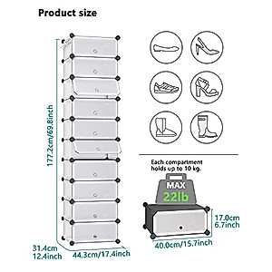 DINMO 10-Tier Shoe Rack with Doors for Entryway, 20 Pairs, Portable Plastic Cubby Shoe Shelves Organizer Unit, DIY Shoe Cabinet, White