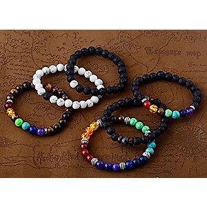Black Lava Stone 7 Chakra Bracelets 6pcs mix 8mm Yinyang Rock Bead Elastic Natural Stones Gemstones Oil Diffuser Yoga Menditation Beads Bracelets for Men Women Girls Jewelry (6pcs Lava Stone Bracelet)