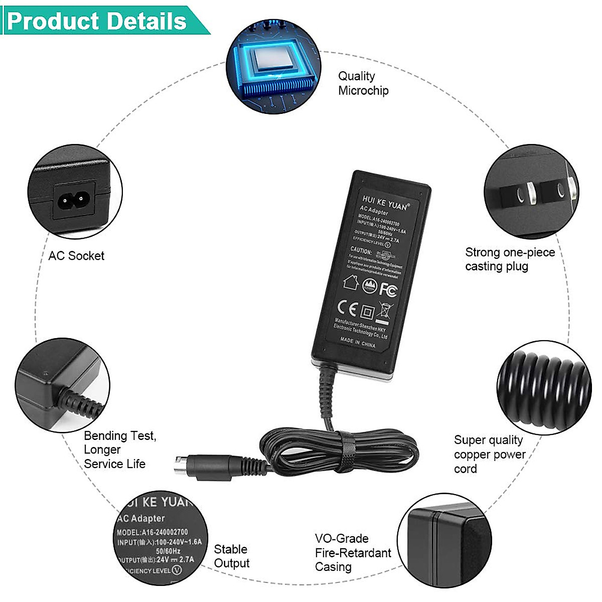 HKY 24v (3-pin) Ac Dc Adapter Compatible with Epson POS Thermal POS ReadyPrint Thermal Receipt Printer (C31CD52062) Replacement Switching Power Supply Cord Charger