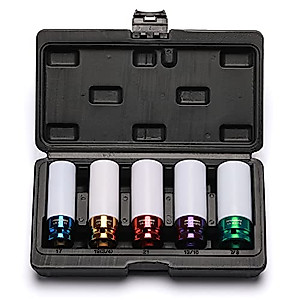 MIXPOWER 5 Pieces 1/2" Drive Wheel Protector Impact Socket Set, CR-MO, Metric/SAE, Thin Wall Deep Impact Socket Set, 6 Point, Color-Coded, 17mm, 19mm, 21mm, 13/16", 7/8"