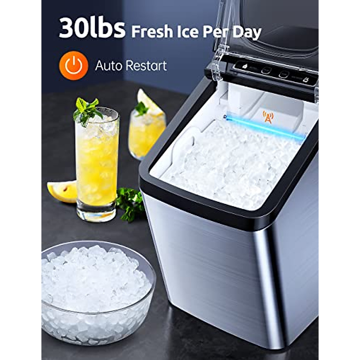 YISUFO Nugget, Pebble Ice Makers Countertop, 30lbs/Day, Self-Cleaning, 2 Ways Water Refill, Stainless Steel Sonic Ice Maker Machine with 3Qt Water Reservoir, for Home Office Party Bar