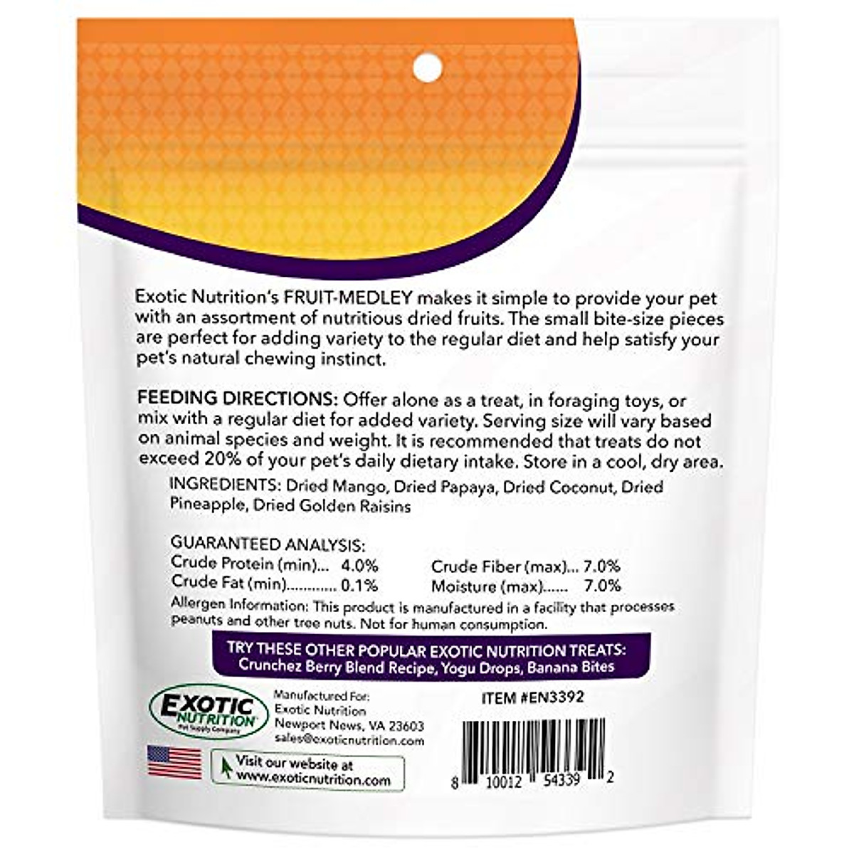 Fruit Medley Treat - Healthy Natural Dried Fruit Treat - Sugar Gliders, Squirrels, Chinchillas, Prairie Dogs, Opossums, Marmosets, Monkeys, Parrots, Birds, Rabbits, Guinea Pigs & Small Pets (4 oz.)