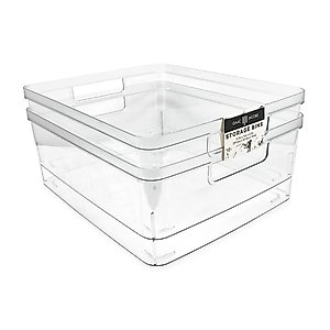 Isaac Jacobs 2-Pack Large Clear Storage Bins (11.5” L x 14” W x 5.5” H) w/Cutout Handles, Plastic Organizer for Home, Office, Kitchen, Fridge/Freezer, Bathroom, BPA Free, Food Safe (Large)