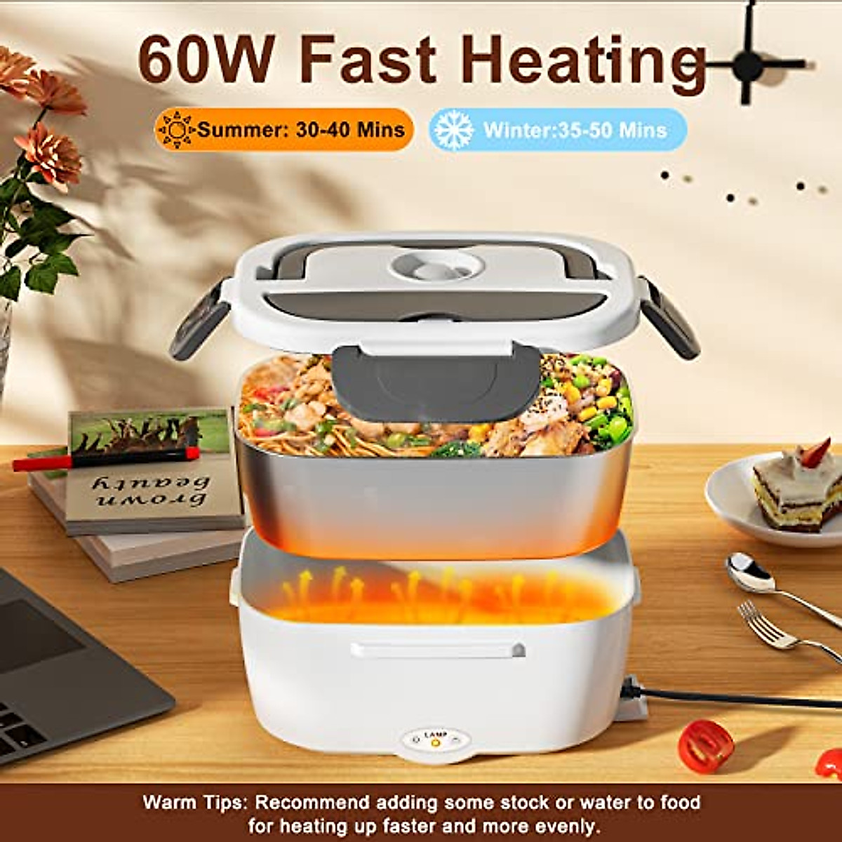 Akhia Electric Lunch Box Food Heater, 80W Heated Lunch Boxes for Adults Man Work Car Truck, Food Warmer Heating Lunch Box with 1.5L 304 Stainless Steel Container, 12V/24/V/110V