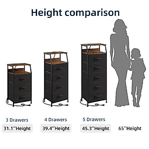 Somdot Black Nightstand with Charging Station and LED Light for Bedroom, Tall 5 Drawers Dresser with Fabric Bins for Bedside Laundry Closet Entryway Hallway, Black Rustic Brown