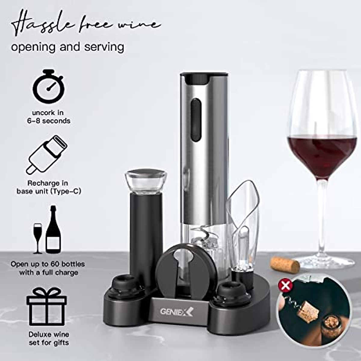 GenieX Electric Wine Opener with charging base, Automatic Wine Opener Electric Corkscrew. 7-in-1 wine accessories, USB-C charging, Cool Kitchen Gadgets, Deluxe gifts for wine lovers, housewarming gift