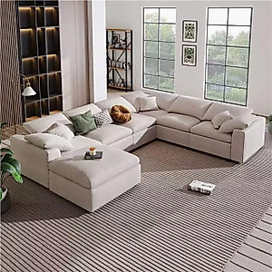 JURMALYN 129.3" Oversized Modular Sectional Sofa Couch for Living Room L U Shaped Sofa with Ottoman, Corner Convertible Sectional Couch for Home Office Spacious Space -Beige