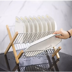 Naytic Stainless Steel Bamboo Foldable Adjustable Large Two Tier Dish Drying Rack Sink Organizer for Kitchen Counters